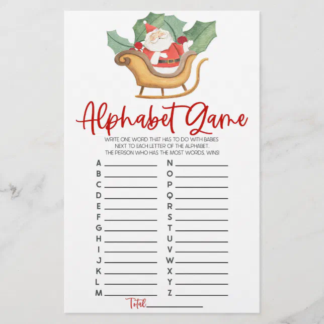 Santa Claus Christmas Alphabet Baby Shower Game Stationery | Zazzle