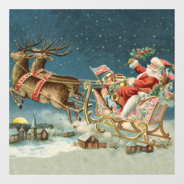 Santa Claus Christmas Antique Sleigh Reindeer Window Cling | Zazzle