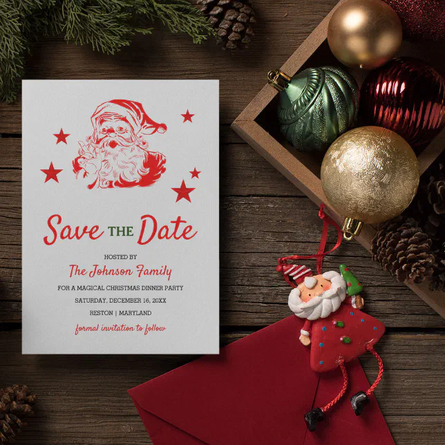 Santa Claus Christmas Dinner Party Save the Date Holiday Card | Zazzle
