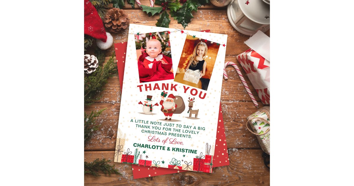 Santa Claus Christmas Holiday Party 2 Photo Thank You Card | Zazzle