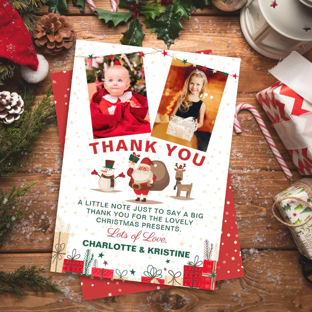 Santa Claus Christmas Holiday Party 2 Photo Thank You Card | Zazzle