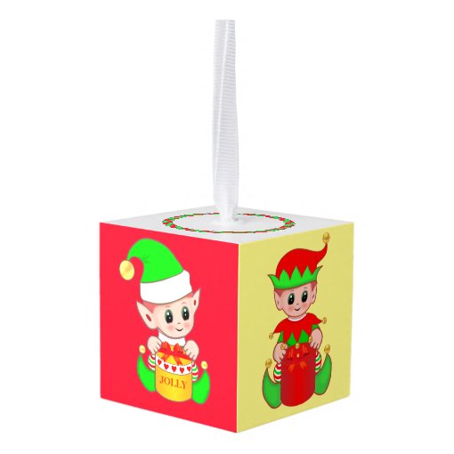 Santa Claus & Cute Christmas Elves Cube Ornament | Zazzle