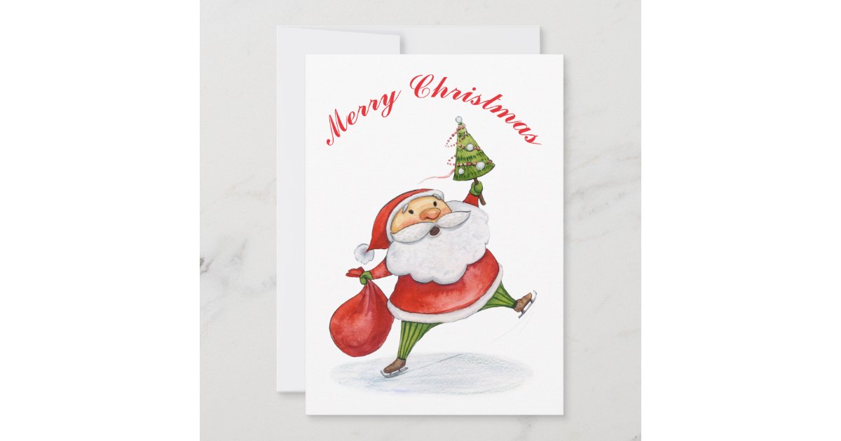 Santa Claus Cute Christmas watercolor painting Holiday Card | Zazzle