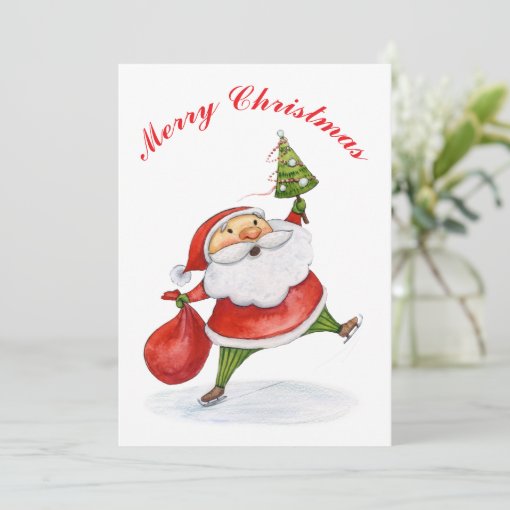 Santa Claus Cute Christmas watercolor painting Holiday Card | Zazzle