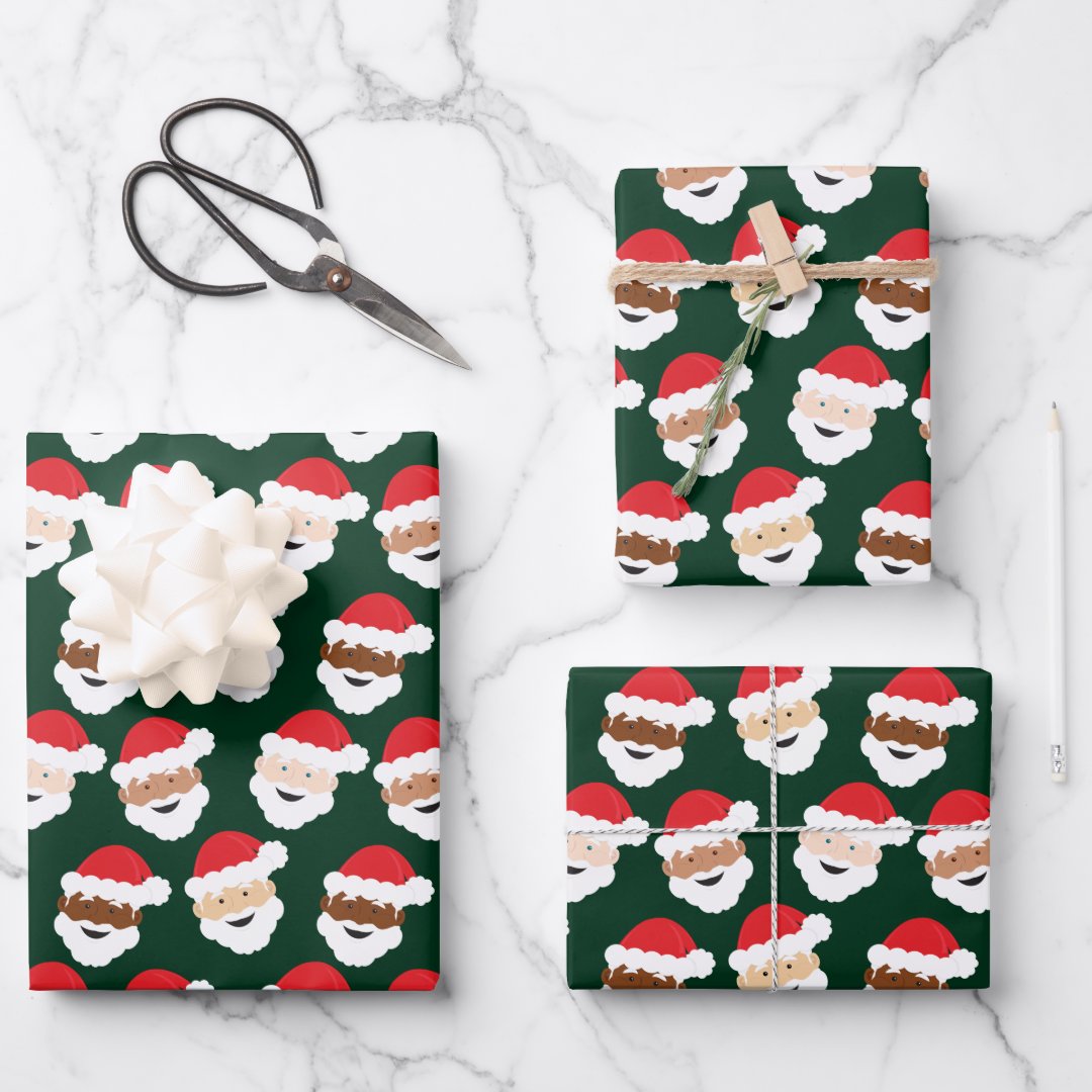 Santa Claus Diverse Red Green Skin Tone Christmas Wrapping Paper Sheets ...