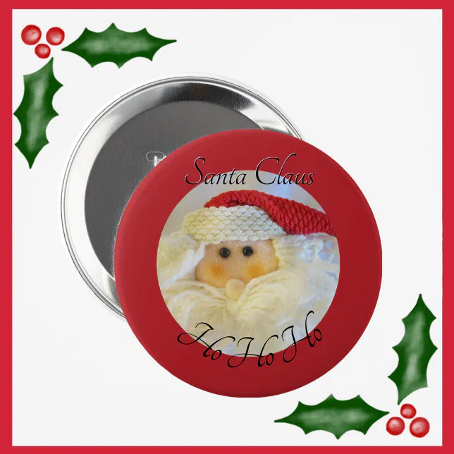 Santa Claus Face Ho Ho Ho with Name Red Christmas Button | Zazzle