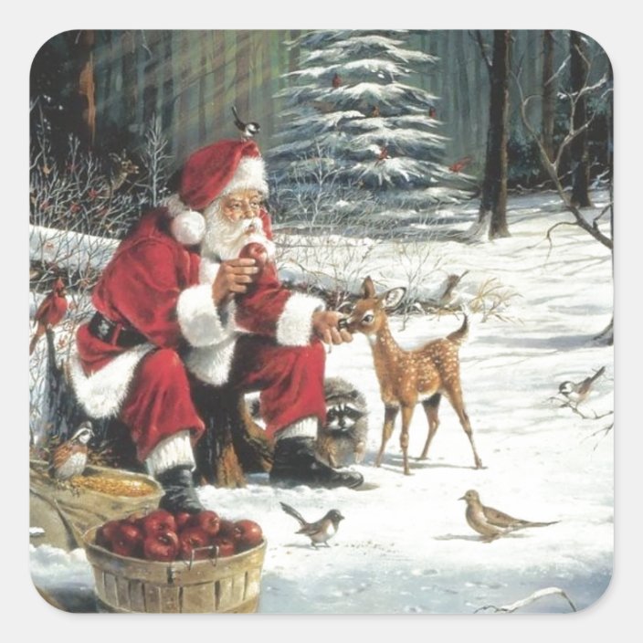 Santa Claus Feeding The Animals Square Sticker | Zazzle.com