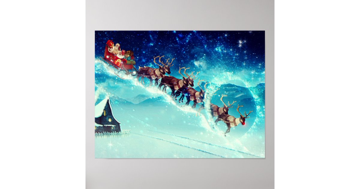 Santa Claus Flying with Reindeer Poster | Zazzle