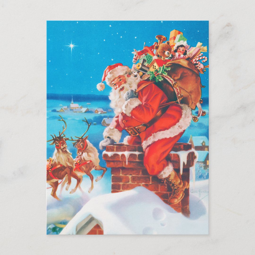 Santa Claus Going Down the Chimney Holiday Postcard | Zazzle