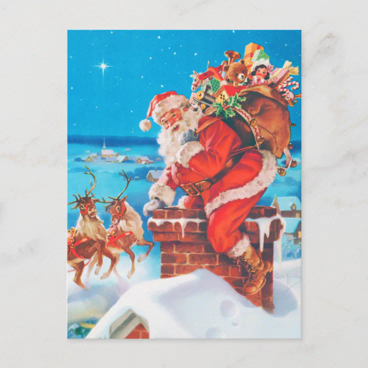 Santa Claus Going Down the Chimney Holiday Postcard | Zazzle