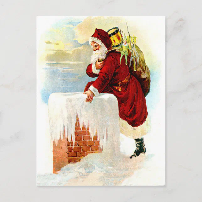 Santa Claus is coming through chimney with toys Postcard | Zazzle