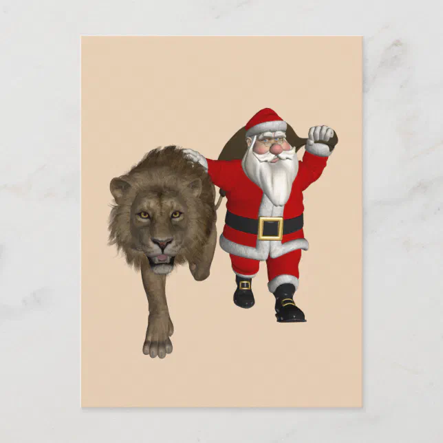 Santa Claus Loves Lions Holiday Postcard | Zazzle