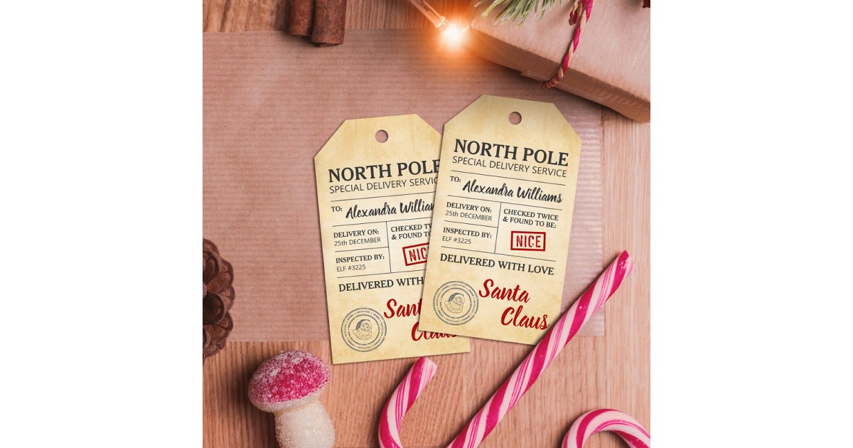 Santa Claus North Pole Special Delivery Gift Tags | Zazzle