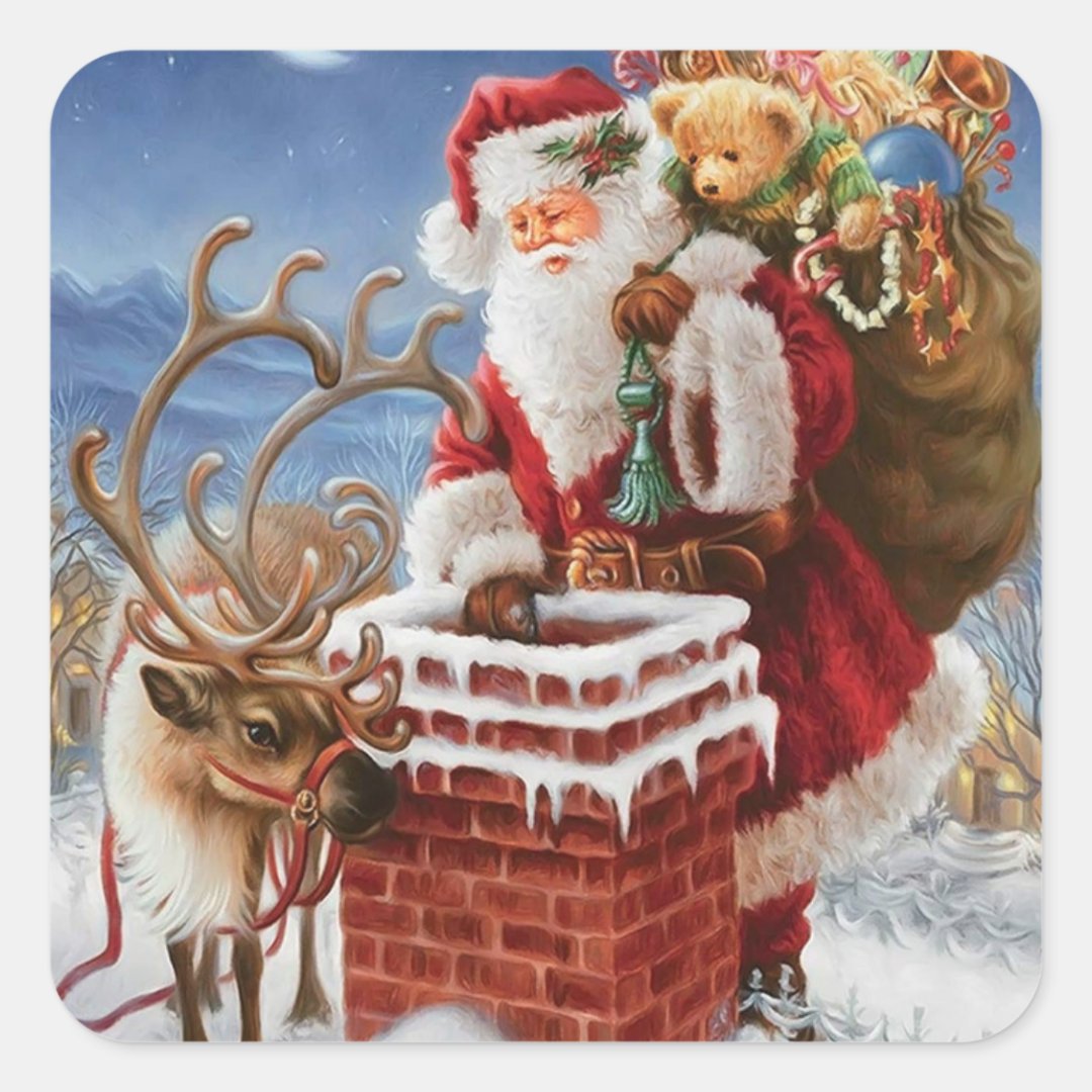 Santa Claus On Roof Square Sticker | Zazzle