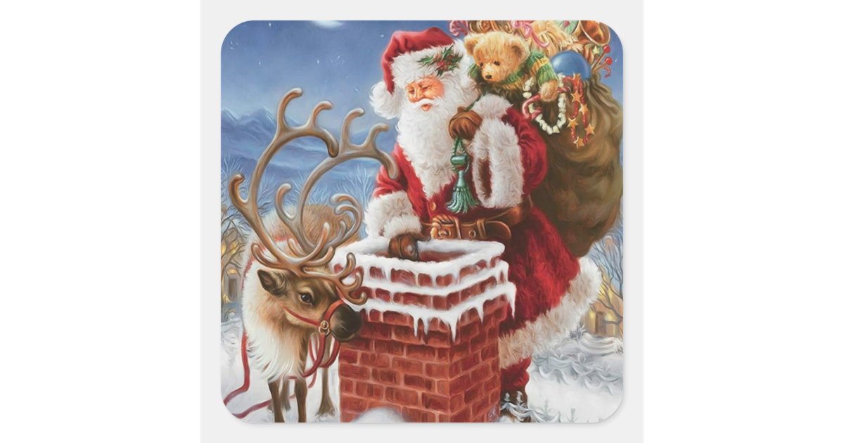Santa Claus On Roof Square Sticker | Zazzle