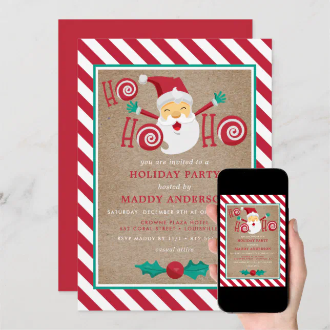 Santa Claus Peppermint Candy Christmas Party Invitation | Zazzle