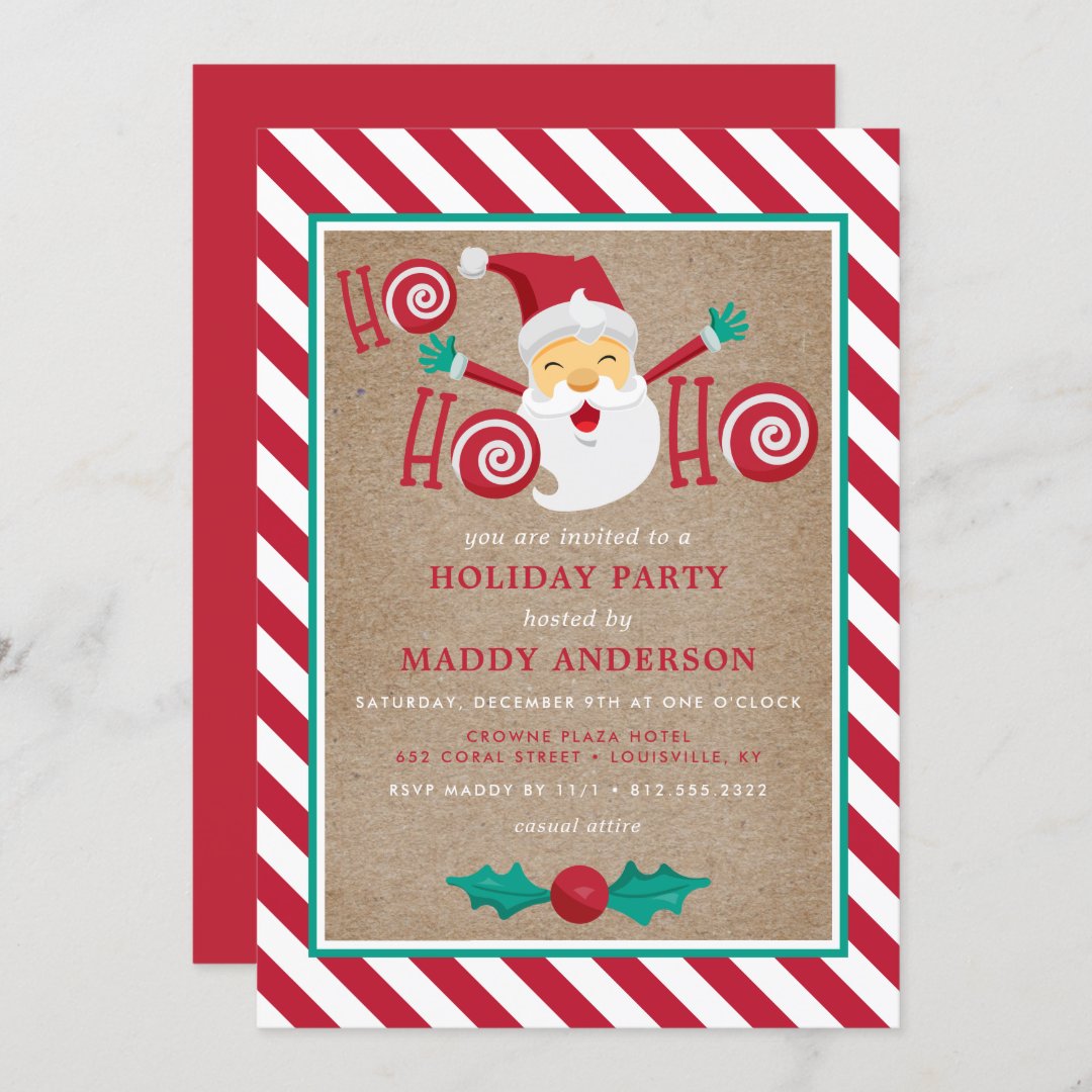Santa Claus Peppermint Candy Christmas Party Invitation | Zazzle