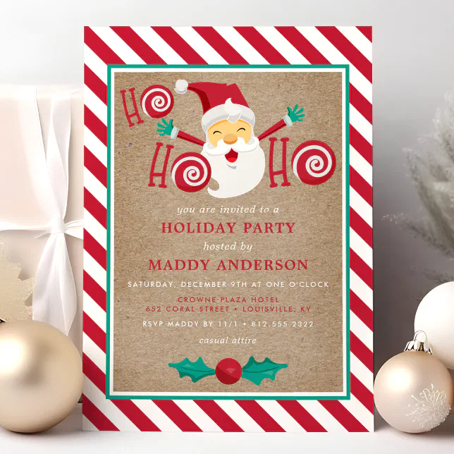 Santa Claus Peppermint Candy Christmas Party Invitation | Zazzle