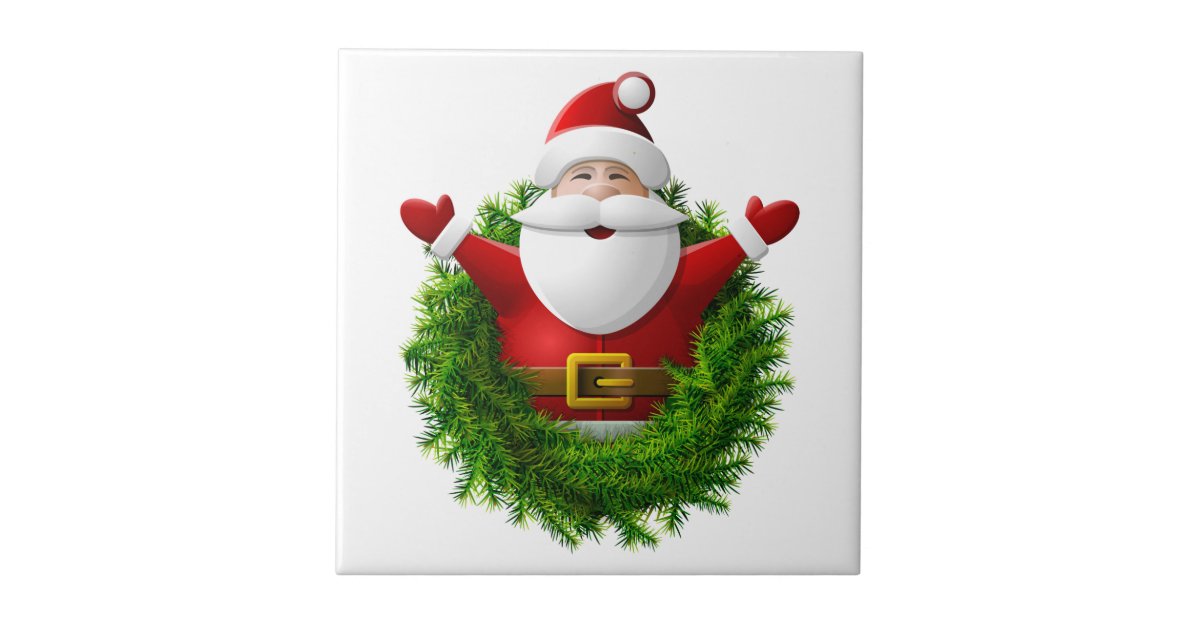 Santa Claus Pops Out of the Christmas Wreath Tile | Zazzle