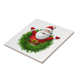 Santa Claus Pops Out of the Christmas Wreath Tile | Zazzle