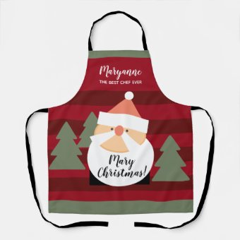Santa Claus Red Striped Add Name Merry Christmas Apron | Zazzle