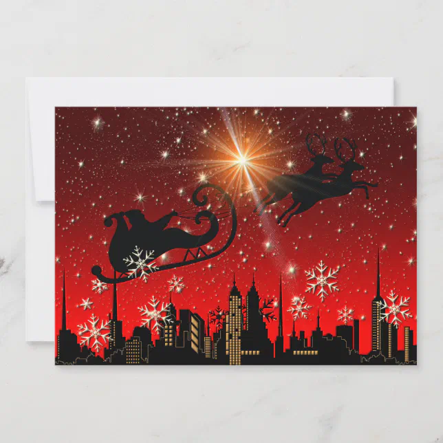 Santa Claus Reindeer and Sleigh Flying Holiday Card | Zazzle