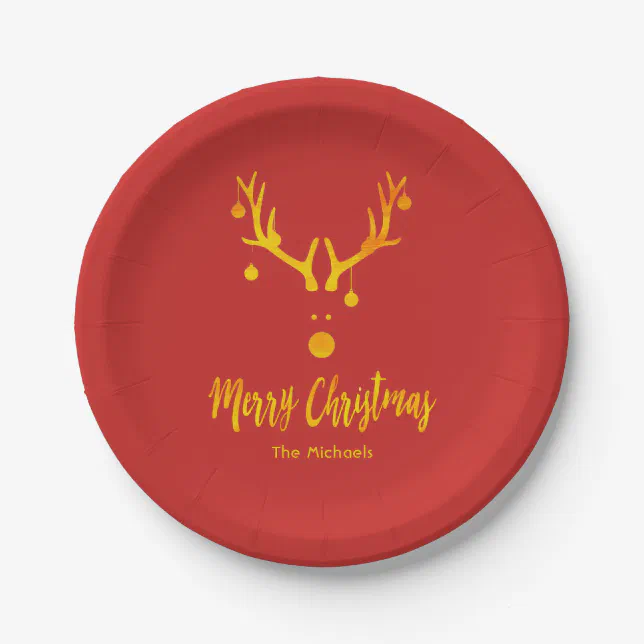 Santa Claus reindeer Rudolph in faux gold on red Paper Plates | Zazzle
