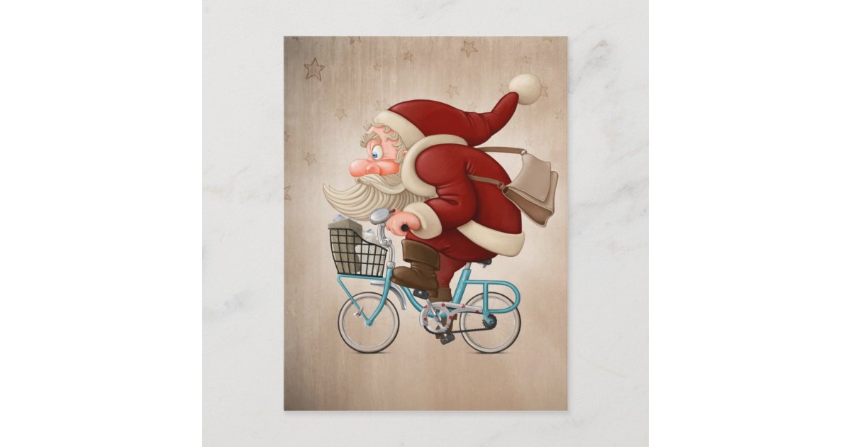 Santa Claus rides the bicycle Holiday Postcard | Zazzle