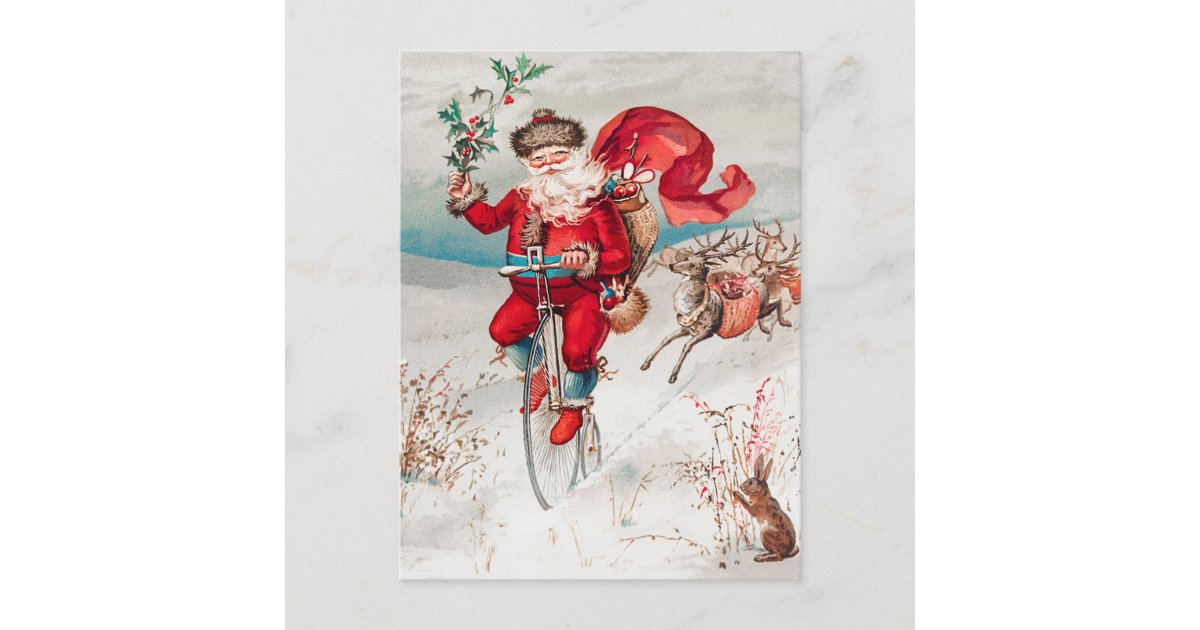 Santa Claus Riding Bicycle, Reindeer and Rabbit Holiday Postcard | Zazzle