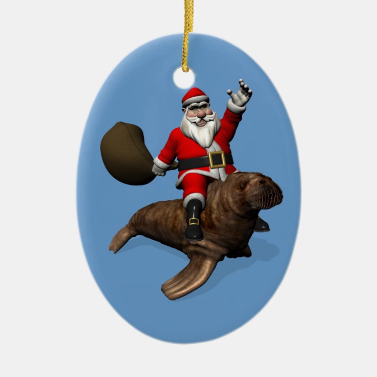 Santa Claus Riding On Walrus Ceramic Ornament | Zazzle