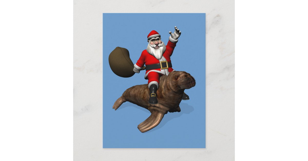 Santa Claus Riding On Walrus Holiday Postcard | Zazzle