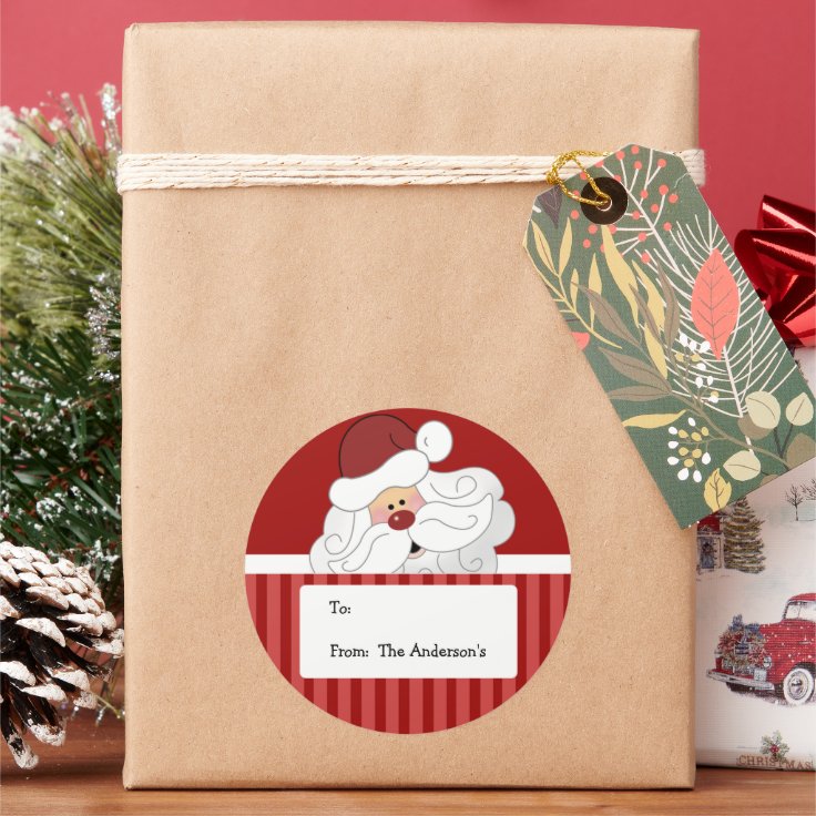 Santa Claus Round Holiday Christmas Tag stickers | Zazzle