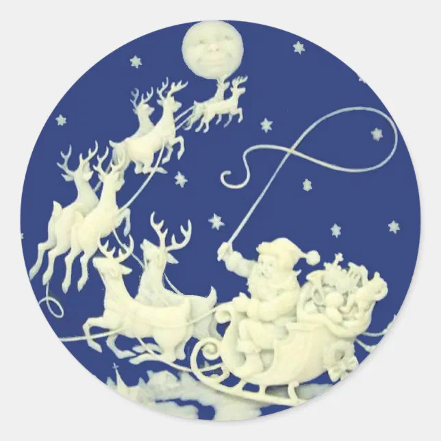 Santa Claus Sleigh Night Ride Christmas Blue White Classic Round ...