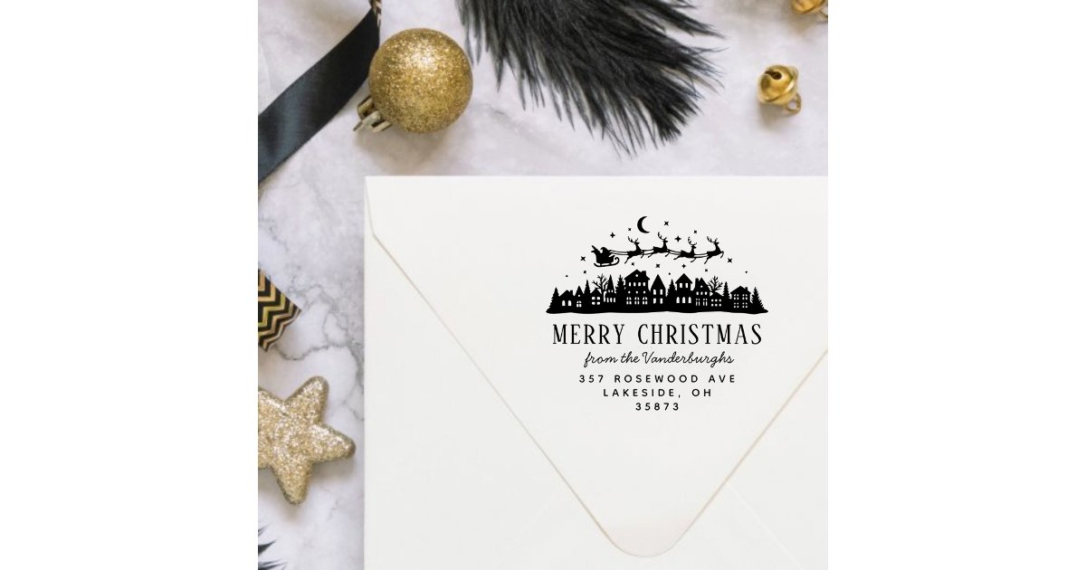 Santa Claus Sleigh Reindeer Custom Return Address Rubber Stamp | Zazzle