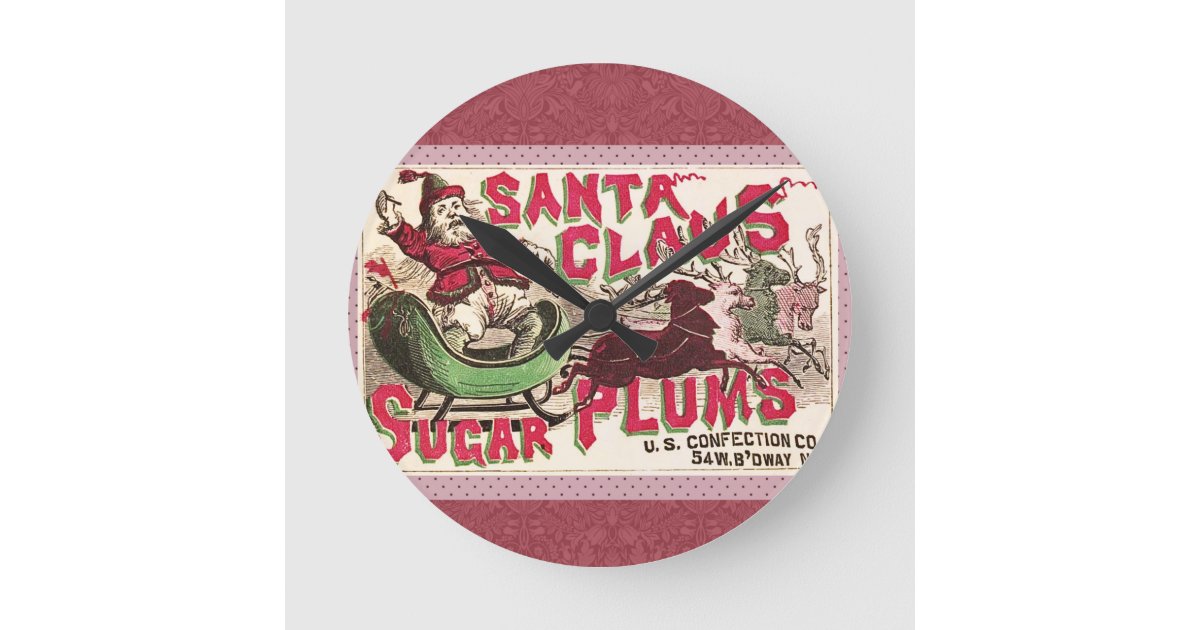 Santa Claus Vintage Illustration Sleigh Round Clock | Zazzle