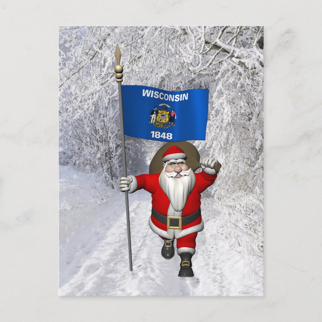 Santa Claus With Ensign Of Wisconsin Holiday Postcard | Zazzle