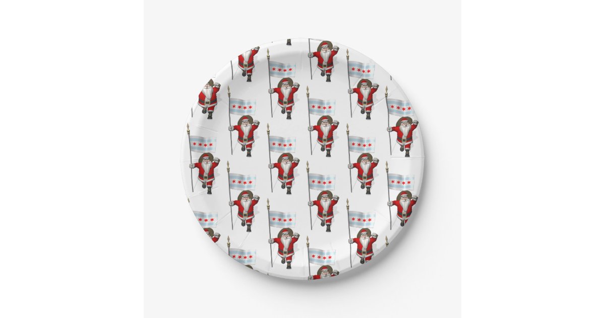 Santa Claus With Flag Of Chicago Paper Plates | Zazzle