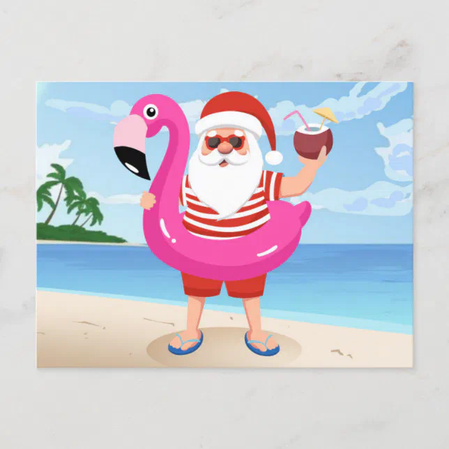 Santa Claus with flamingo inflatable ring Postcard | Zazzle