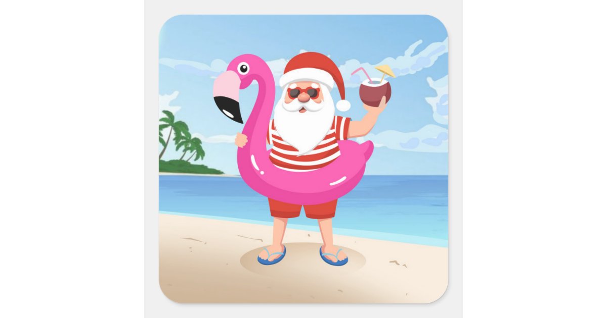 Santa Claus with flamingo inflatable ring Square Sticker | Zazzle