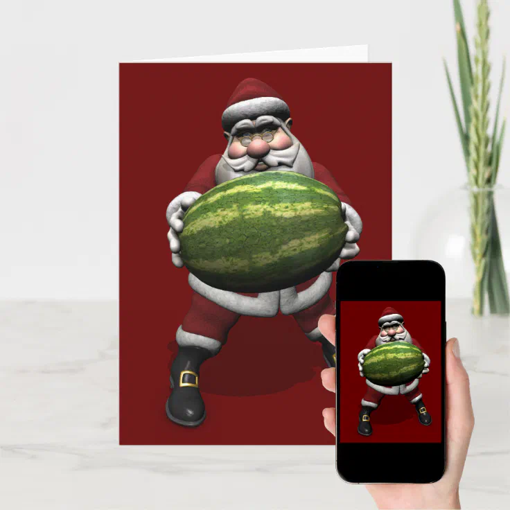 Santa Claus With Huge Watermelon Holiday Card | Zazzle