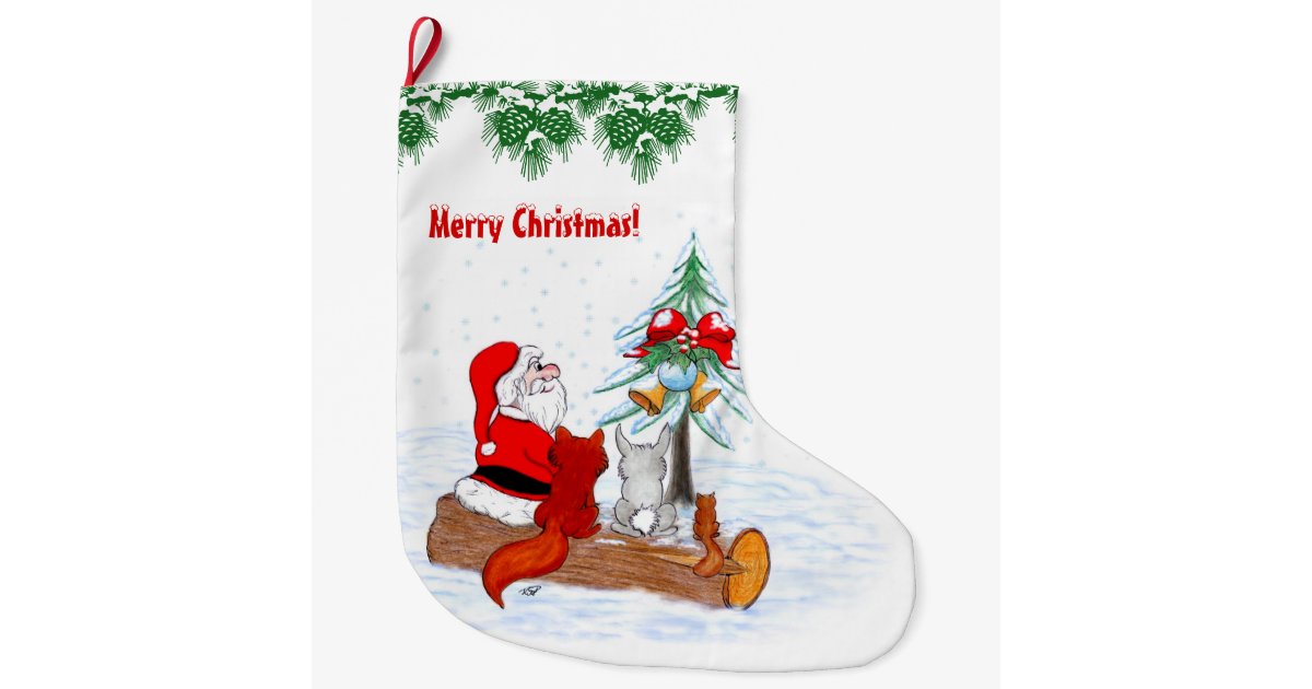 Santa Claus with Rabbit Fox and Squirrel Large Christmas Stocking | Zazzle