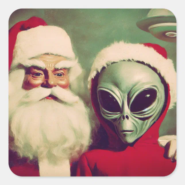 Santa Claus with Space Alien UFO Christmas Square Sticker | Zazzle