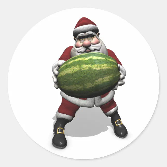 Santa Claus With Very Big Watermelon Classic Round Sticker | Zazzle