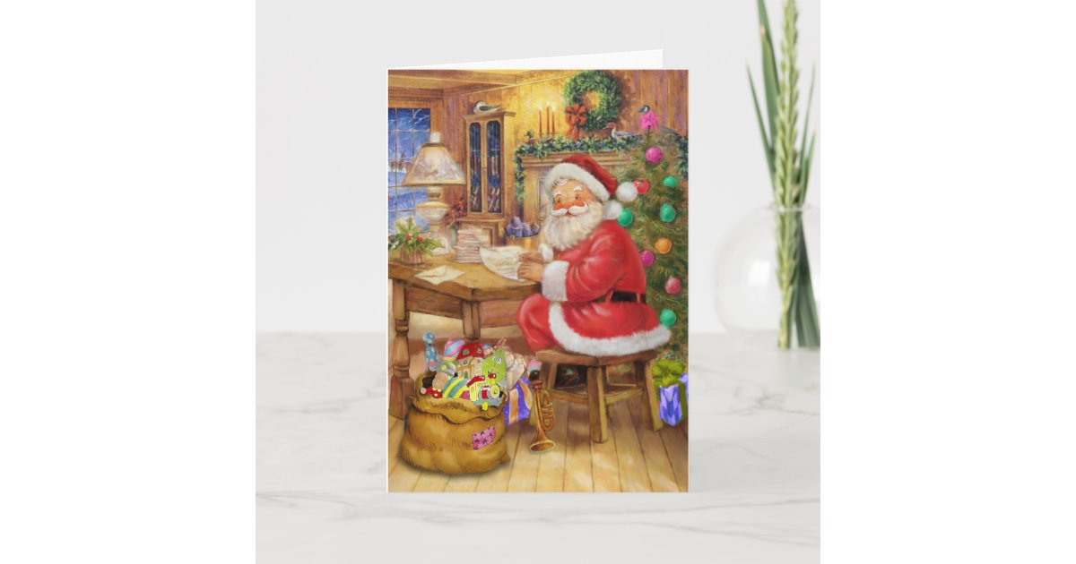 Santa Claus working on his desk Holiday Card | Zazzle