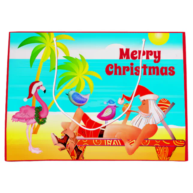 Santa Clause and the Birds Beach Merry Christmas Large Gift Bag | Zazzle