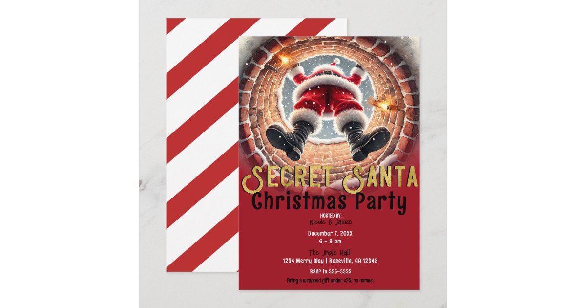 Santa Coming Down Chimney Secret Santa Party Invitation | Zazzle