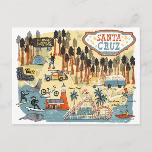 Santa Cruz California Illustrated Map Postcard | Zazzle