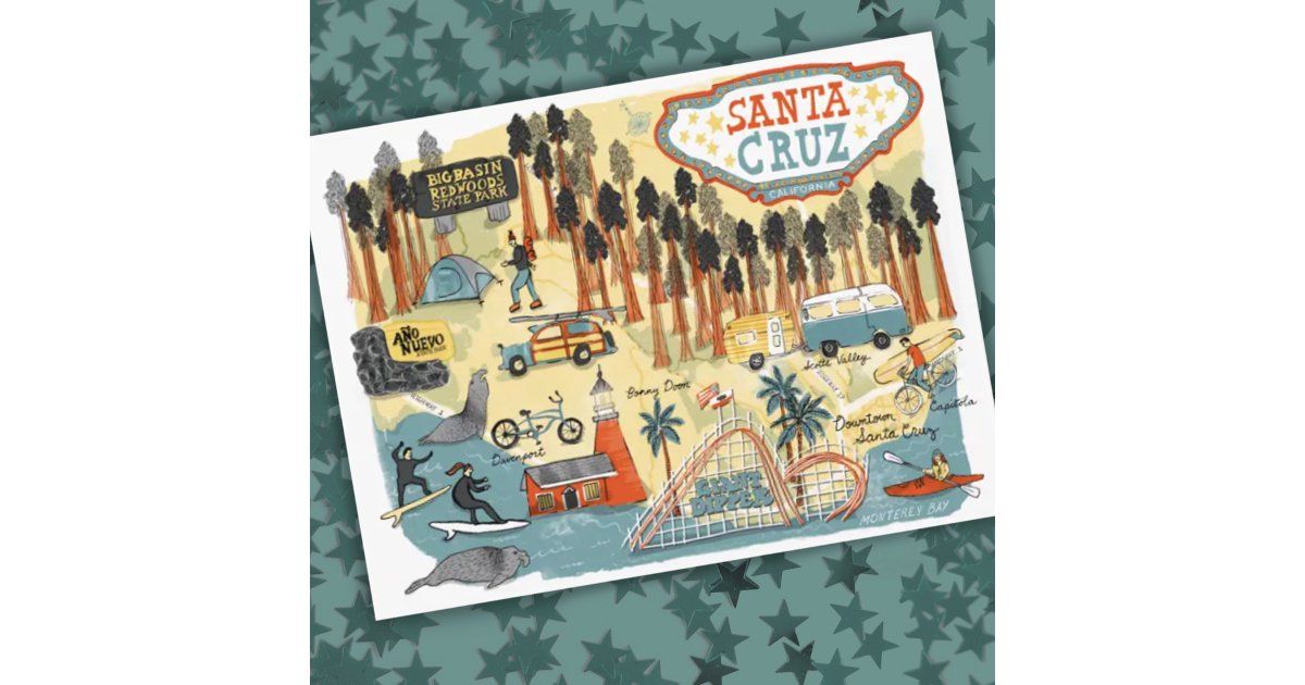 Santa Cruz California Illustrated Map Postcard | Zazzle