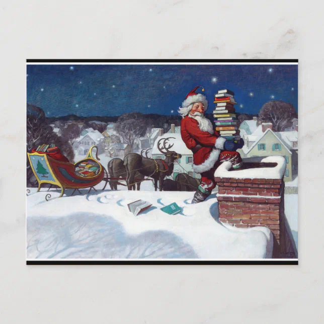 Santa delivering armload of books by Wyeth Postcard | Zazzle