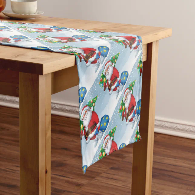 Santa Delivering Christmas Pattern Short Table Runner | Zazzle